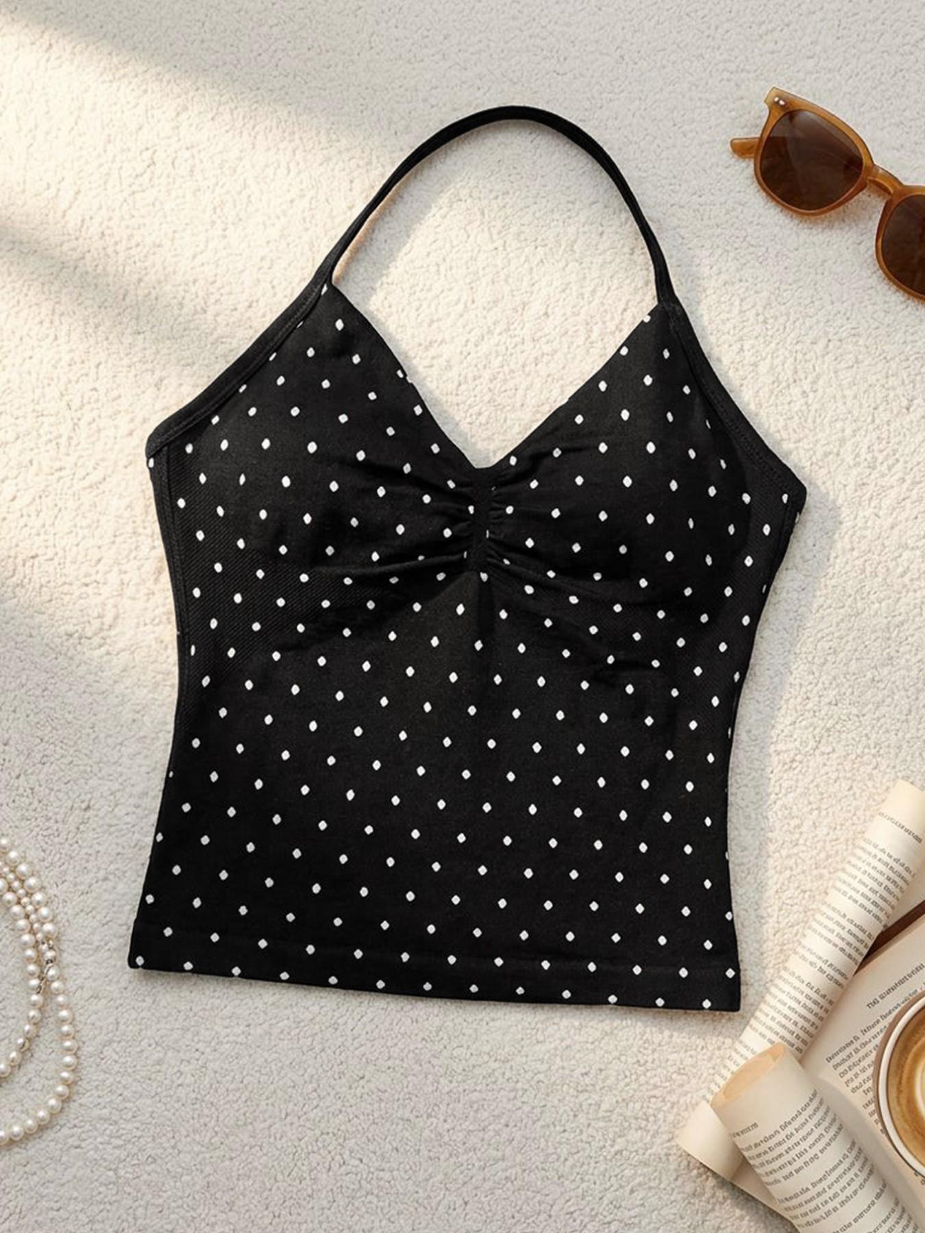 New Women's Polka Dot Sports Set, Deep V Neck Ruched Halter Top & High ...